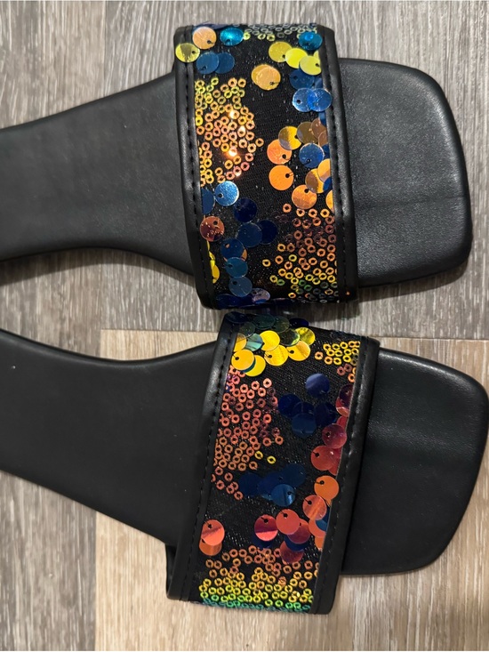 Shoes | Black Multicolor Sequin Strap Synthetic Slide Sandal Slipon ...